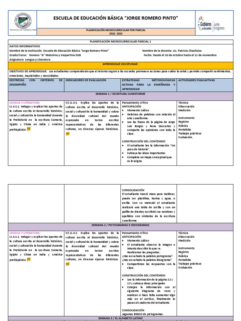 9no Planificación Microcurricular 1er Parcial | PDF | Escritura | Evaluación