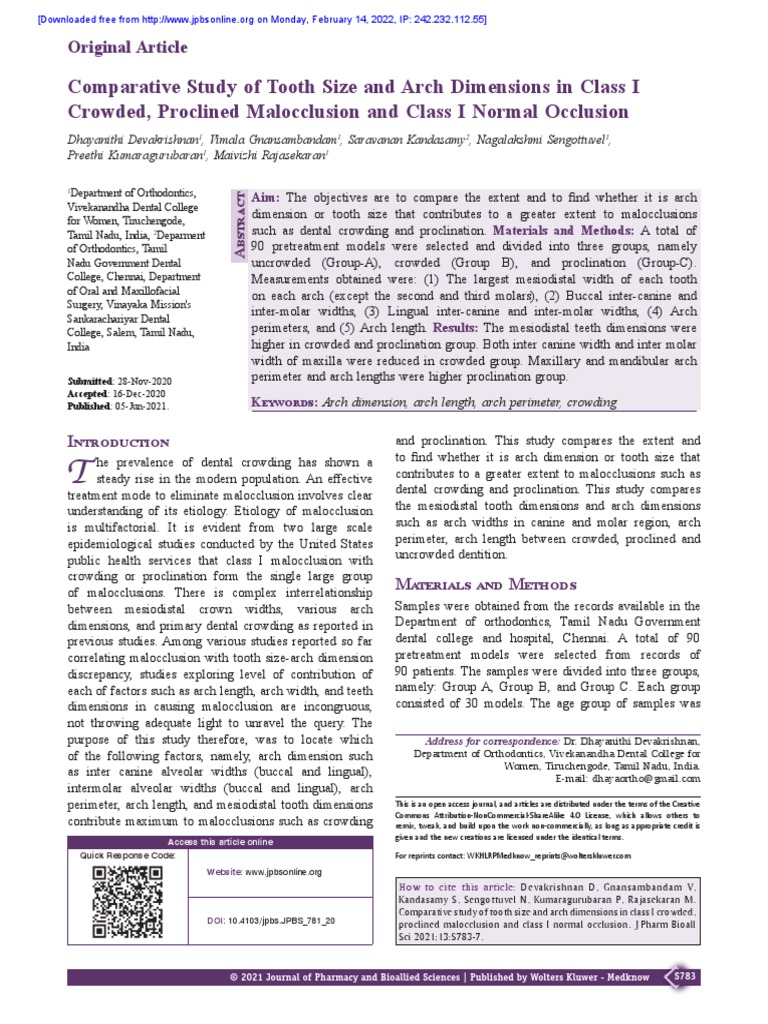 Comparative Study of Tooth Size and Arch Dimensions in Class I Crowded ...