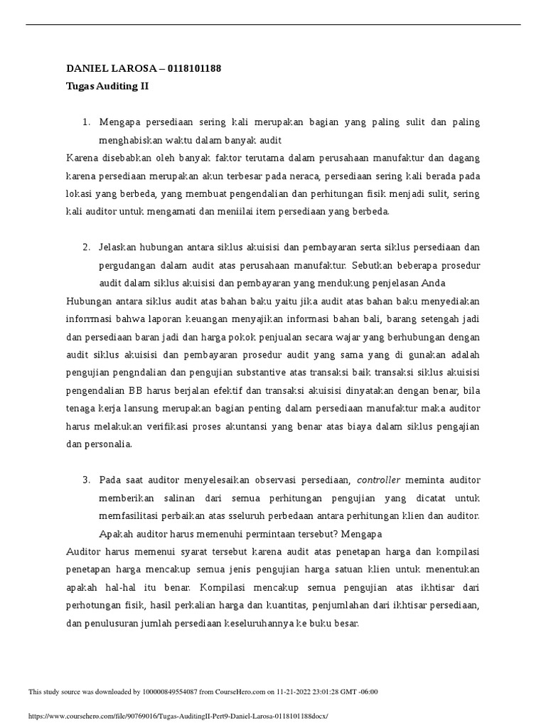 Tugas AuditingII Pert9 Daniel Larosa 0118101188 | PDF