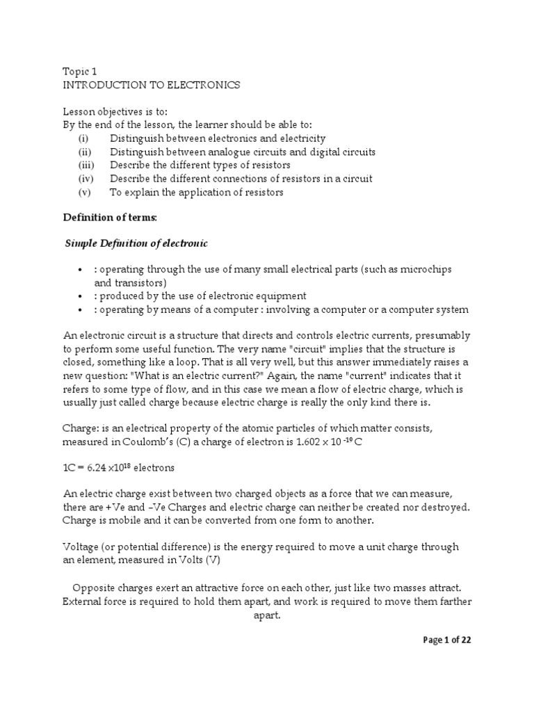 Topic One Introduction To Electronics | PDF | Electronic Circuits ...