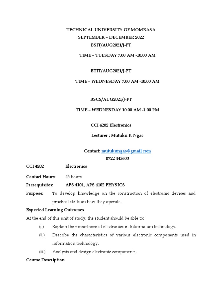 Cci 4202 Electronics Course Outline September Decemeber 2022 | PDF ...