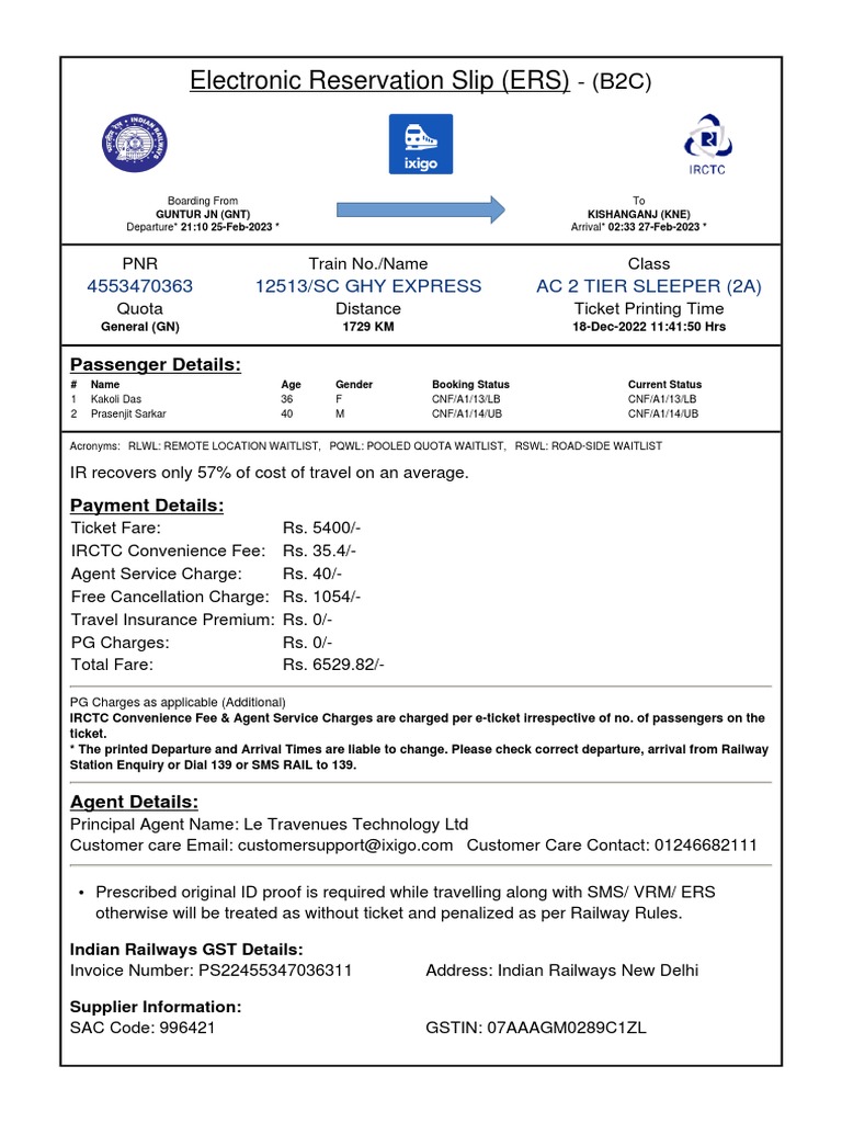 Electronic Reservation Slip (ERS) : 4553470363 12513/Sc Ghy Express Ac ...