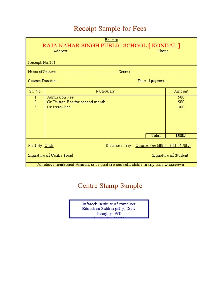 School Fee Receipt Sample | PDF