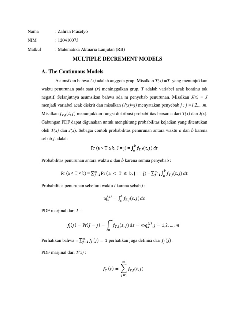 Zahran Prasetyo - 120410073 - Rangkuman Multiple Decrement Models | PDF