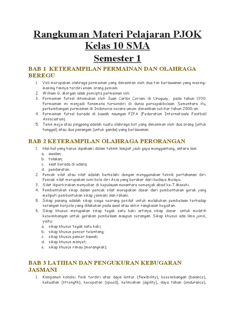 Rangkuman PJOK Kelas X - Sem.1&2 | PDF