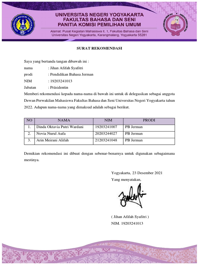Surat Rekomendasi Delegasi DPM Untuk HIMA-1 | PDF