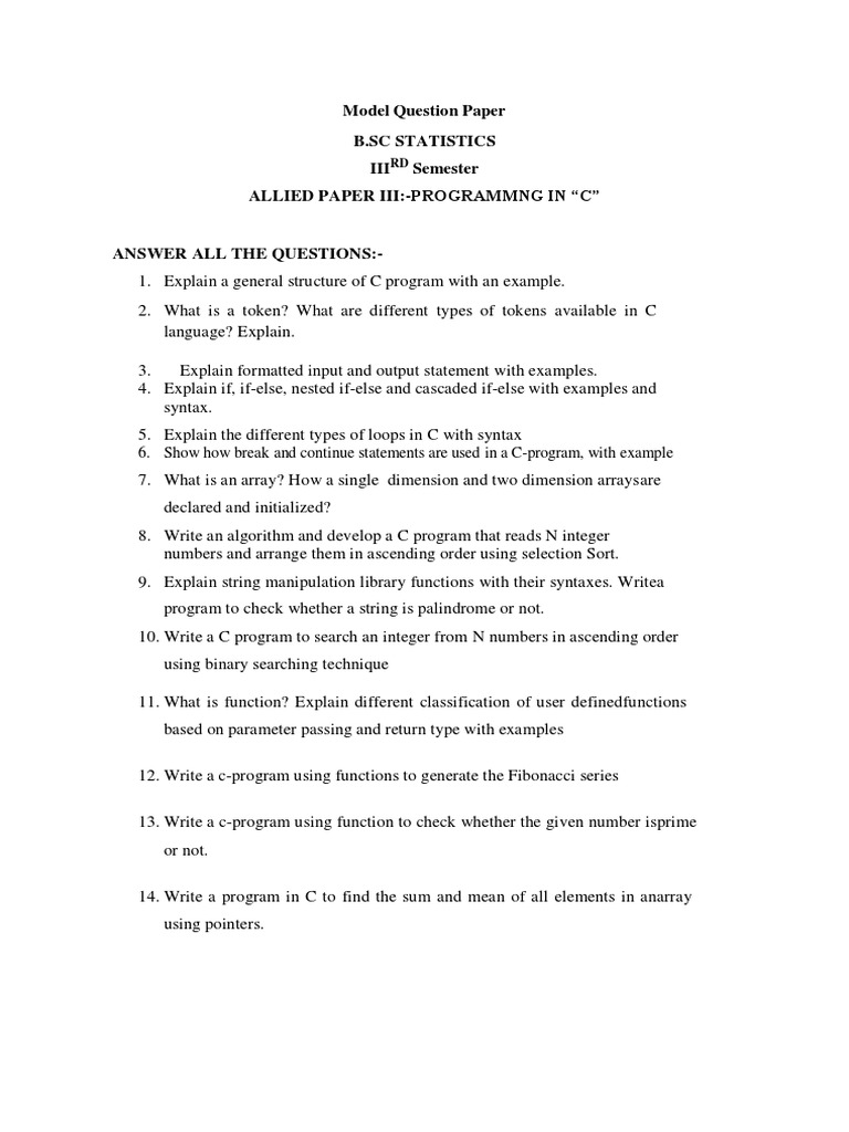 C Programming Model Question Paper | PDF