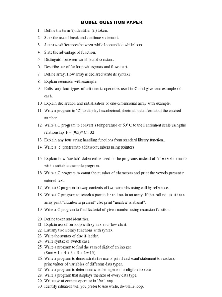 C Programming Language Sample Question Paper Pdf C Programming Language Subroutine 9965