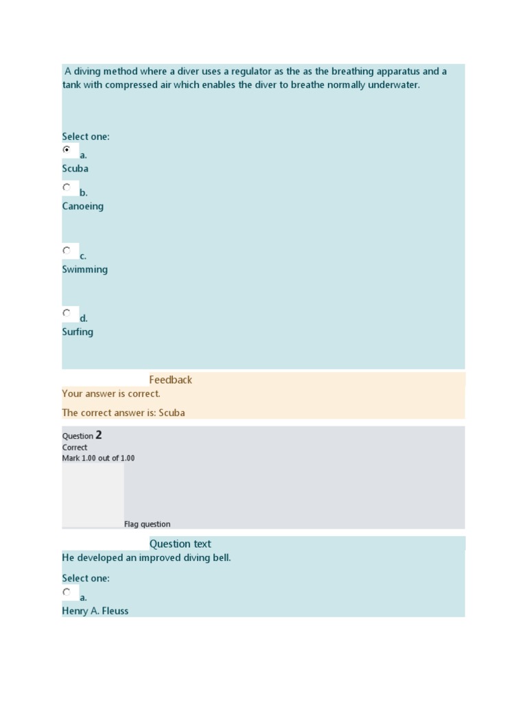 Feedback: Your Answer Is Correct. The Correct Answer Is: Scuba | PDF ...