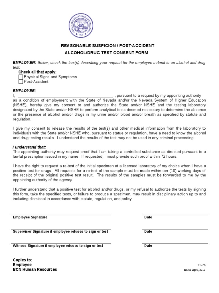 Reasonable Suspicion Post-Accident Alcohol/Drug Test Consent | PDF ...