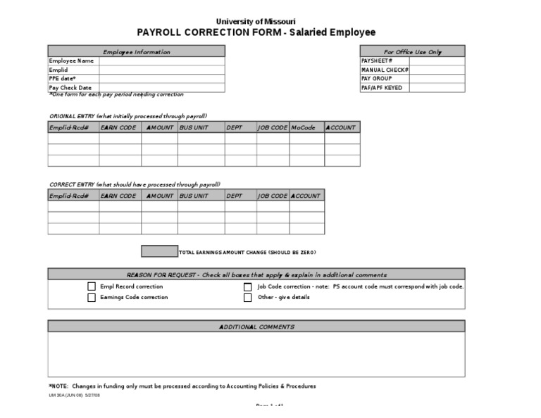 Payroll Correction Form for Salaried Employees | PDF