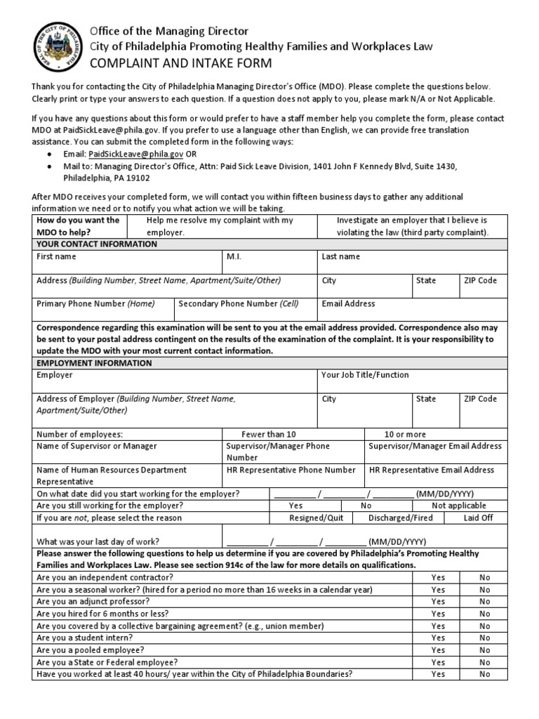 HR Complaint Intake Form | PDF | Employment | Sick Leave