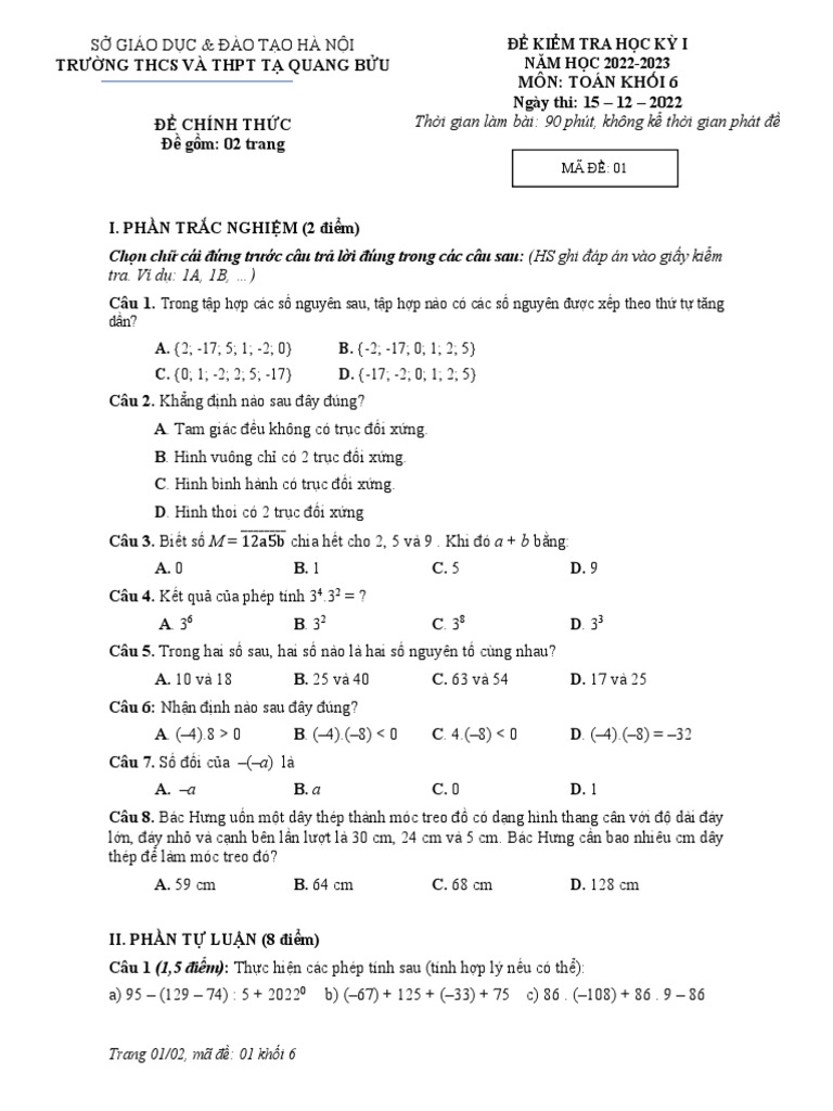 De Hoc Ky 1 Toan 6 Nam 2022 2023 Truong Ta Quang Buu Ha Noi | PDF