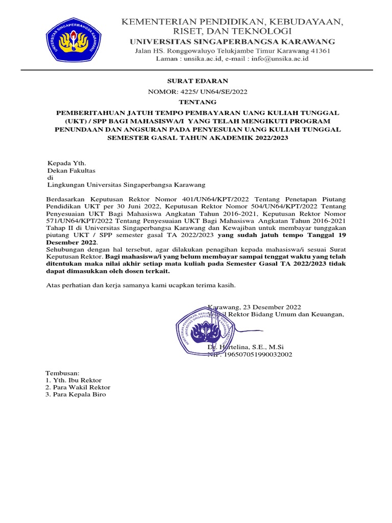 Surat Edaran Penagihan Pembayaran Atas Penyesuaian UKT Sem Gasal 22 23-Signed | PDF
