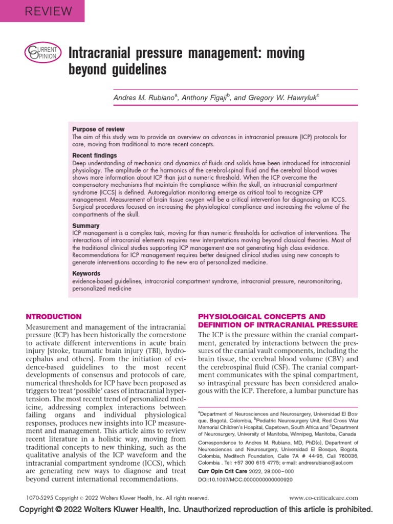 Intracranial Pressure Management Moving Beyond Guidelines - pdf1 | PDF | Traumatic Brain Injury ...