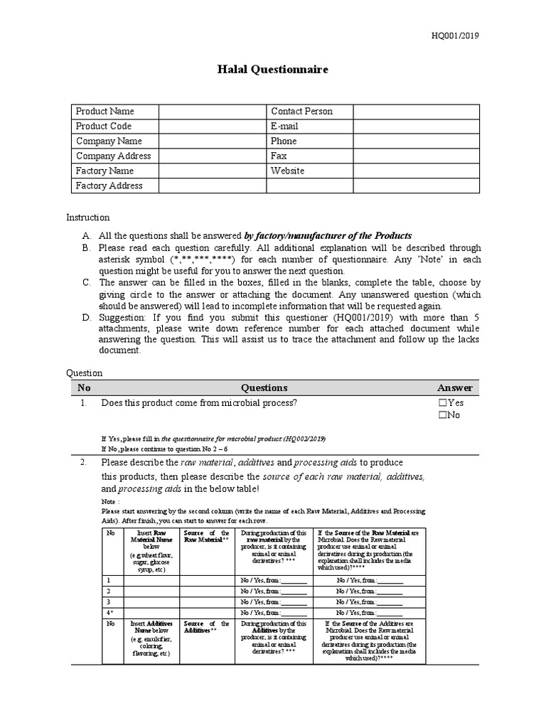 Halal Questionnaire For General Material (HQ001) | PDF | Chemistry ...