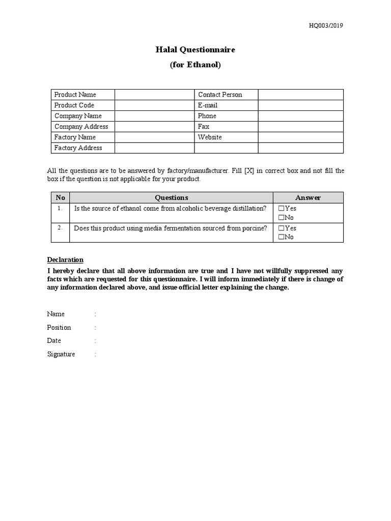 Halal Questionnaire For Ethanol (HQ003) | PDF