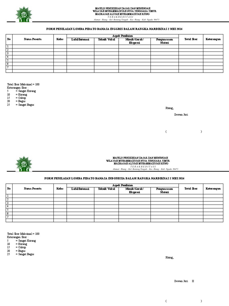 Form Penilaian Lomba Pidato | PDF Form Penilaian Lomba Pidato | PDF