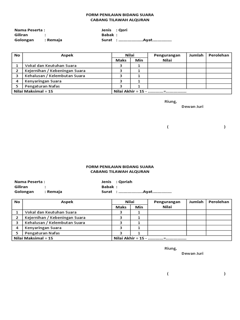 Form Penilaian Tilawah Bidang Suara | PDF Form Penilaian Tilawah Bidang Suara | PDF