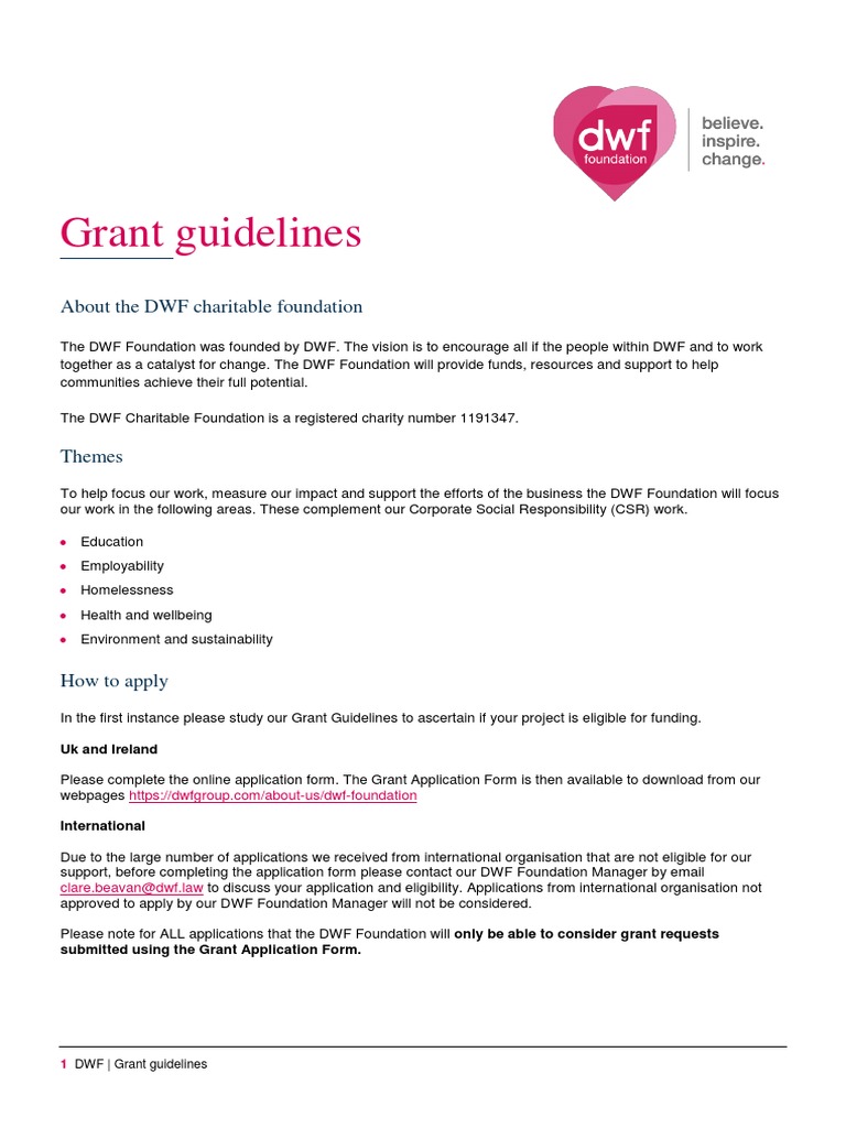 DWF Foundation Grant Guidelines Jan 2022 | PDF | Charitable Organization | Fundraising
