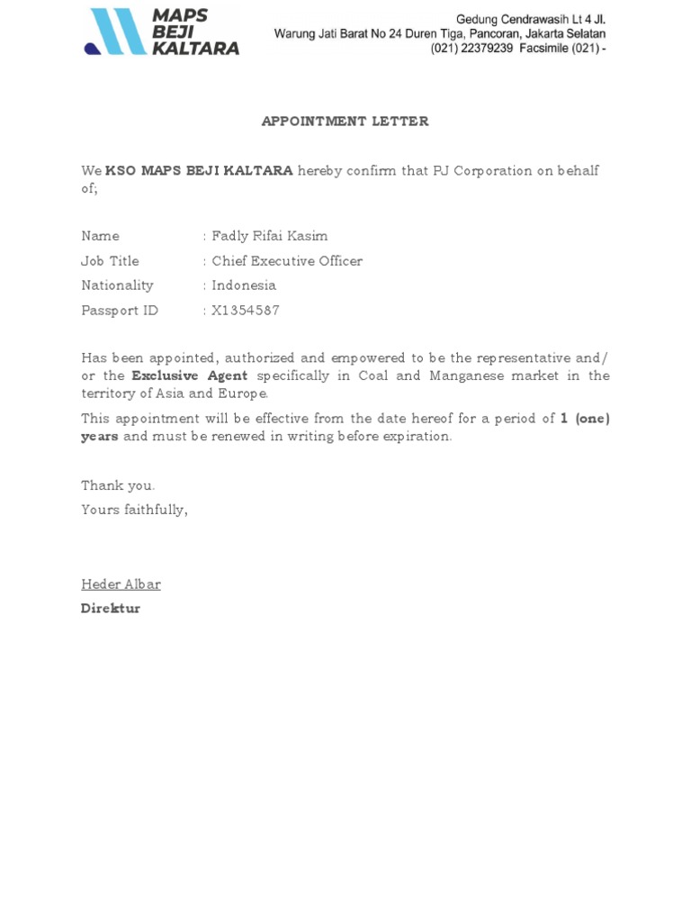 Exclusive Appointment Letter FRK-Upd | PDF