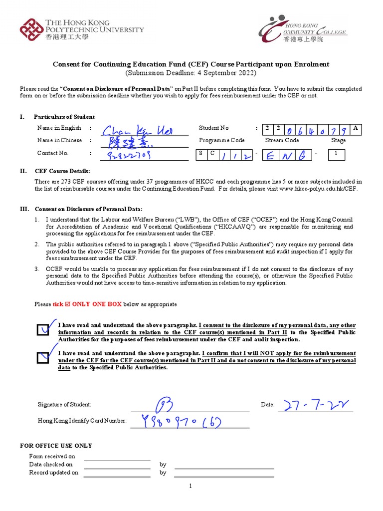 Consent For CEF Course Participant | PDF