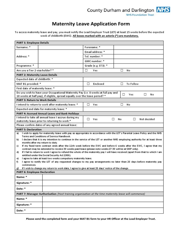 Maternity Leave Application Form | PDF | Parental Leave | Payroll Tax
