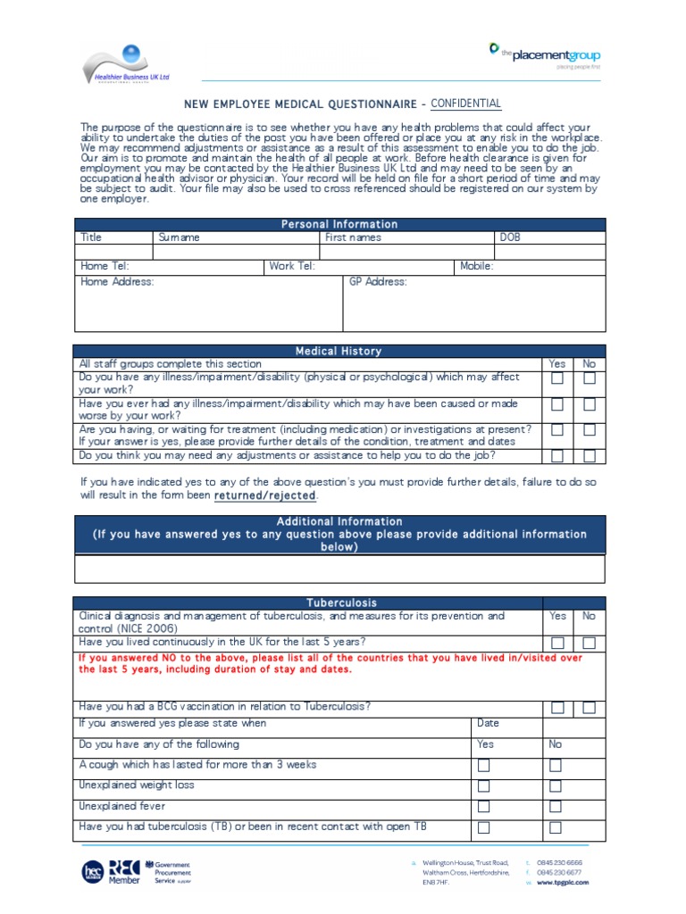 New Employee Medical Questionnaire | Download Free PDF | Tuberculosis ...