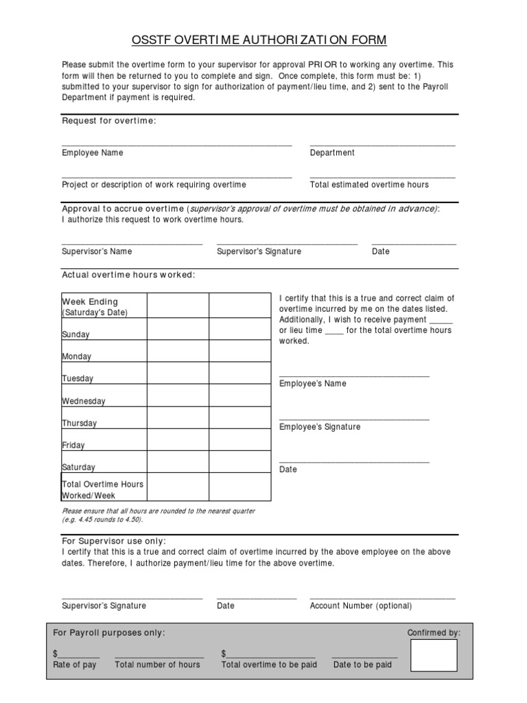 Overtime Authorization Form Sample | PDF | Overtime | Employee Relations