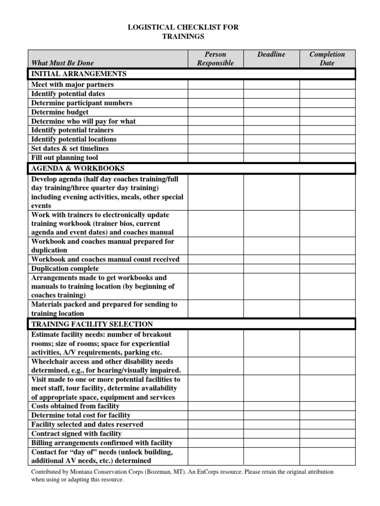 Logistical Checklist For Training | PDF
