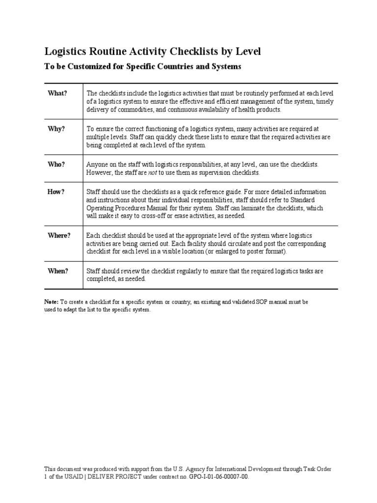 Logistics Routine Activity Checklists | PDF | Logistics | United States ...