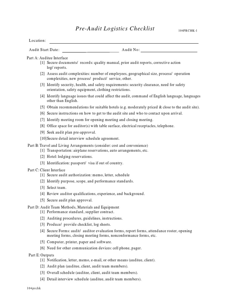 Pre-Audit Logistics Checklist | PDF | Audit | Auditor's Report