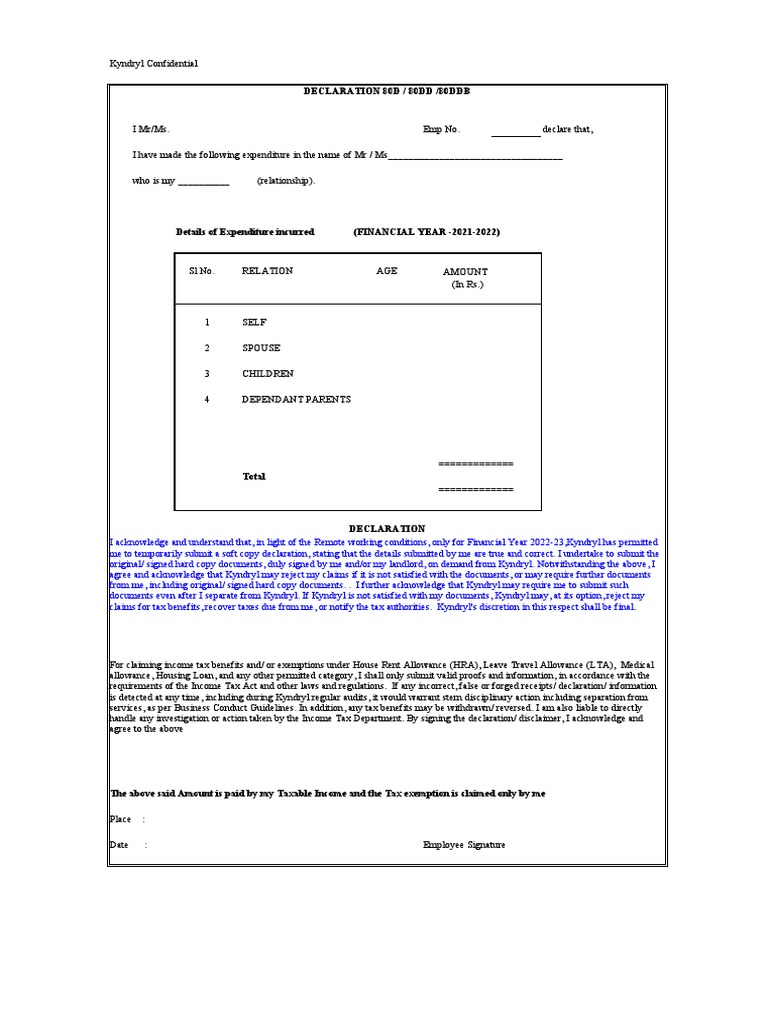 Declaration 80D 80DDB | PDF | Taxes | Expense