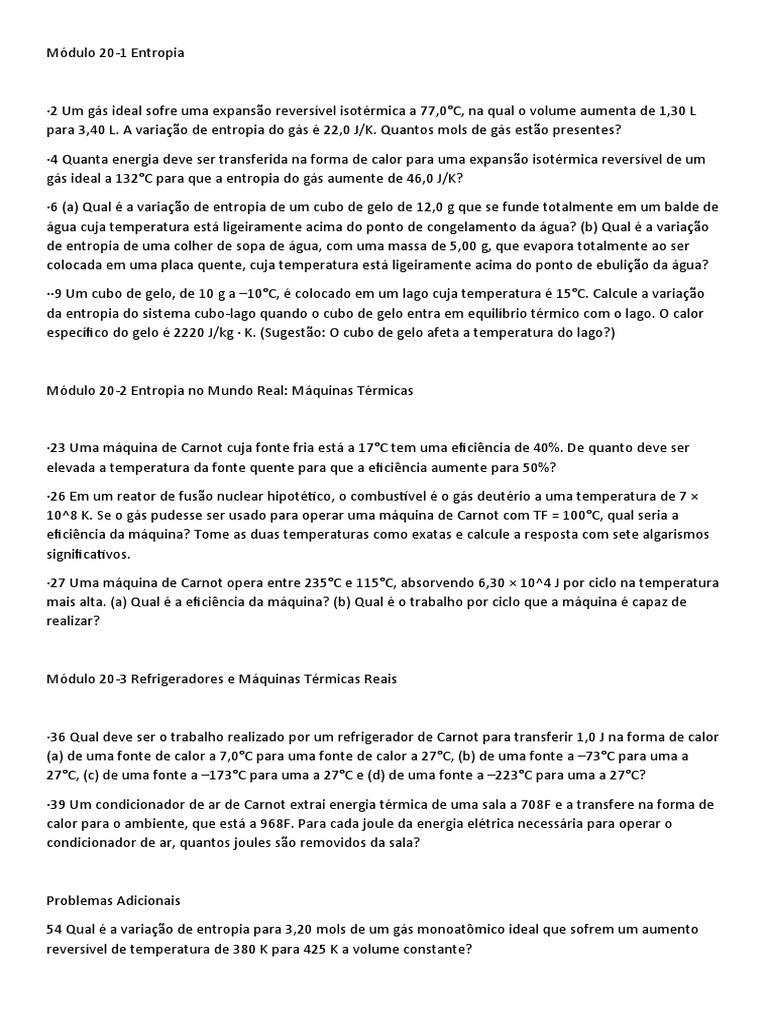 lista de exercicio capitulo 20 | PDF | Temperatura | Calor