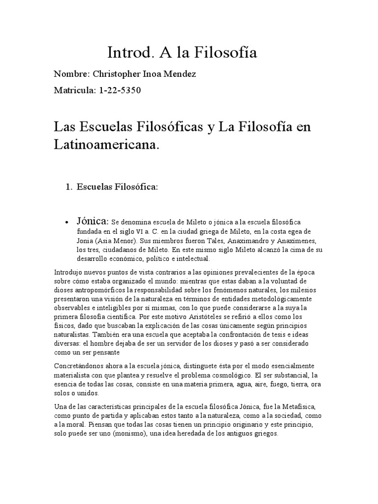 Introd. a la Filosofia, Tarea 5 Christopher Inoa | PDF | Teorías filosóficas | Movimientos ...