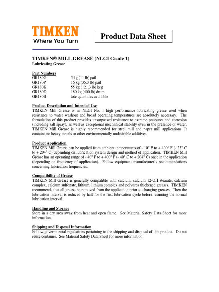 GR180 EN Timken Spec Sheet | PDF | Chemistry | Materials