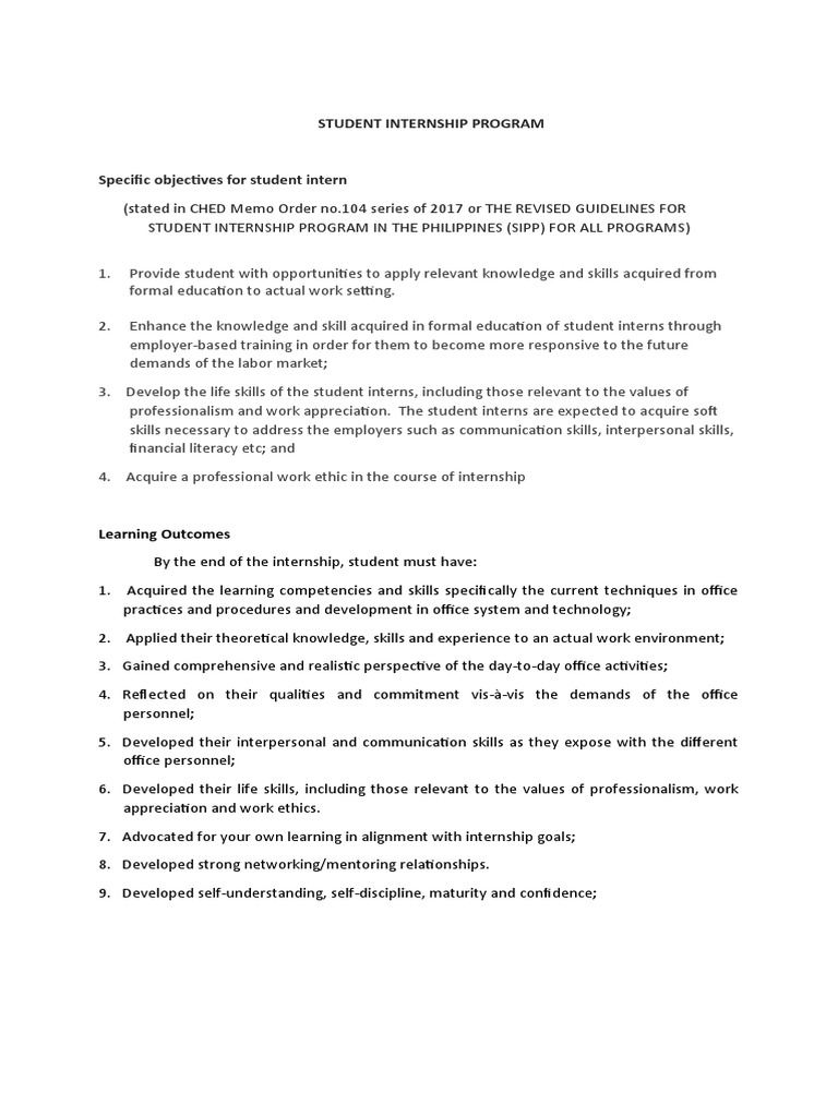 Student Internship Program Objectives and Learning Outcomes | PDF