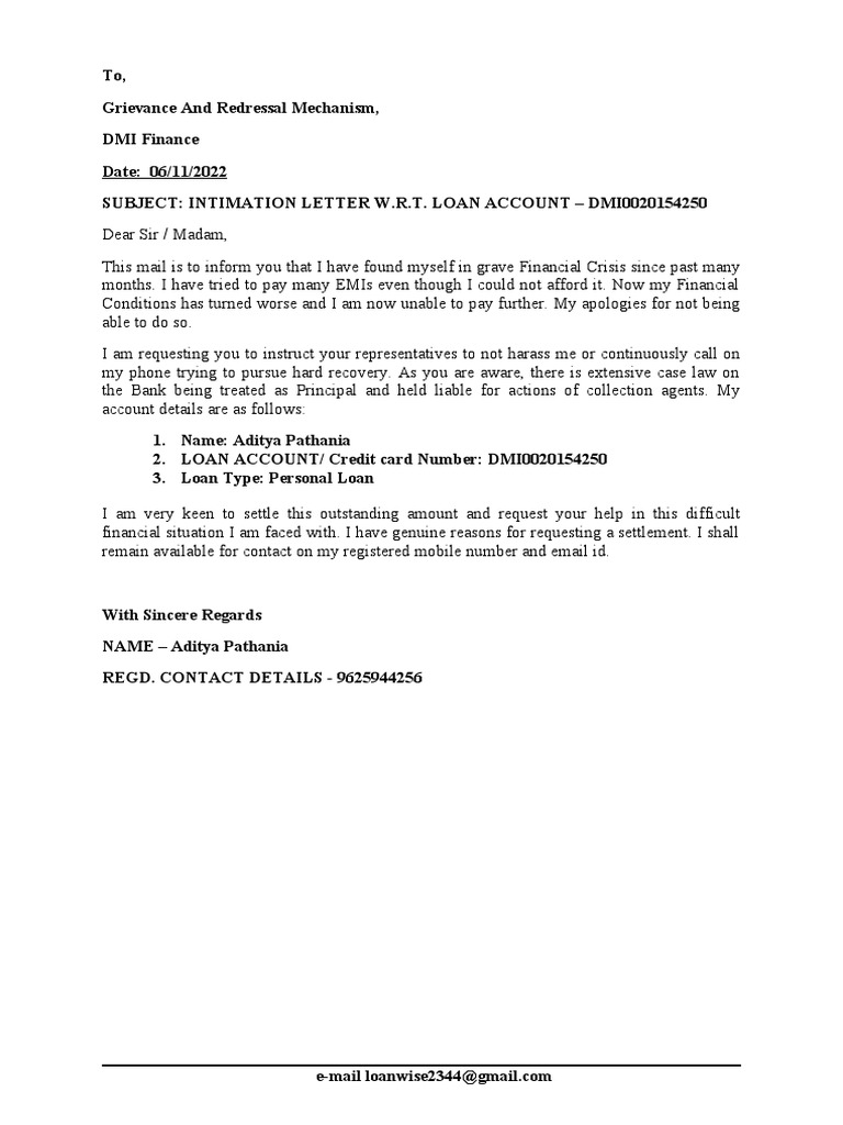 Intimation Letter - DMI | PDF