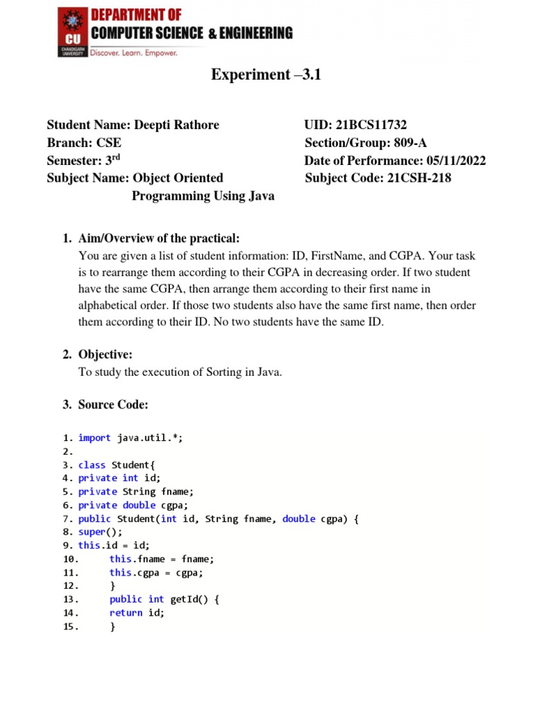 Arranging Student Records by CGPA, Then Name, Then ID: A Java Program to Sort a Student List ...