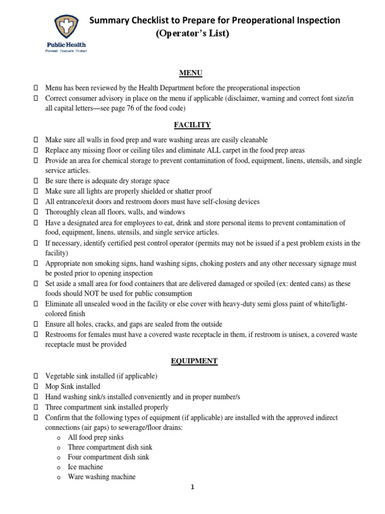 Pre Operational Checklist | PDF | Refrigerator | Sink