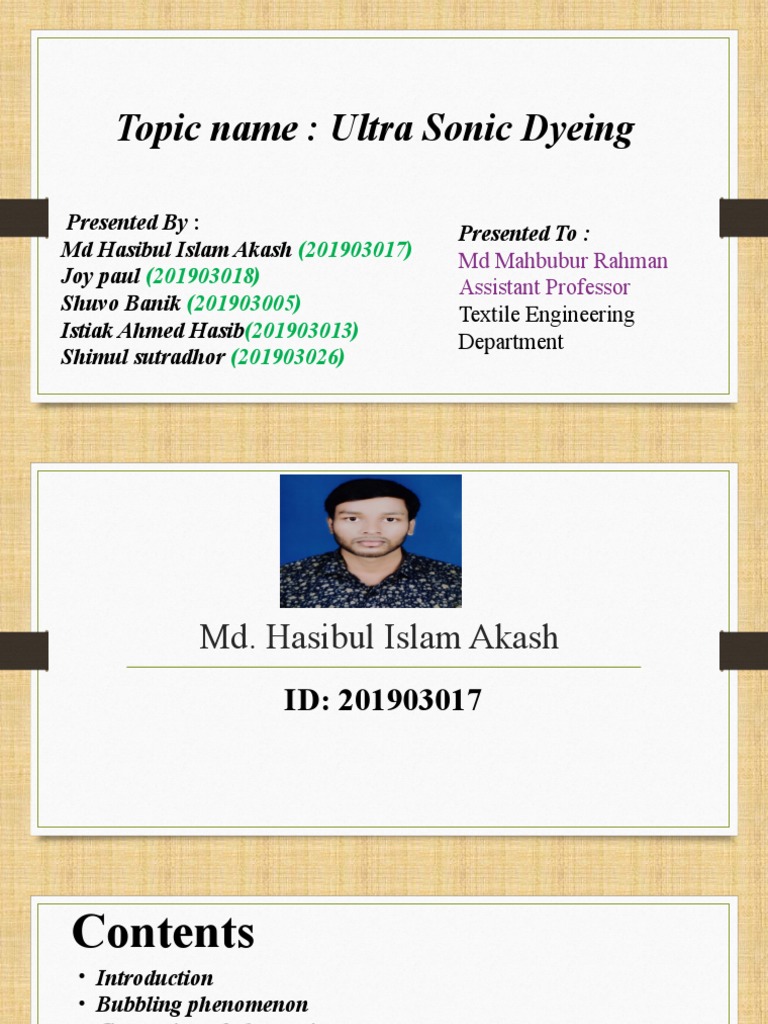 Ultrasonic Dyeing Presentation | PDF | Ultrasound | Textiles