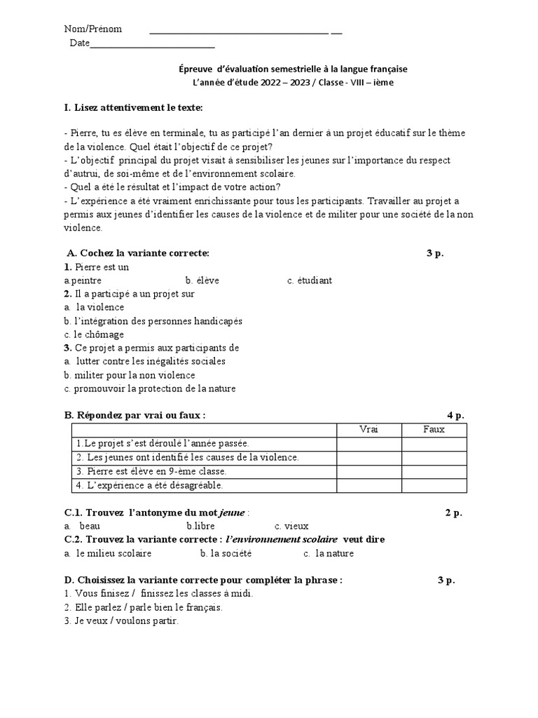 Évaluation semestrielle en français VIII | PDF