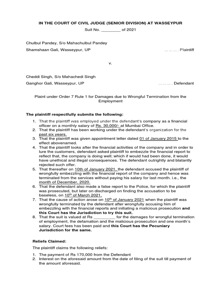 Plaint Format | PDF | Lawsuit | Defendant