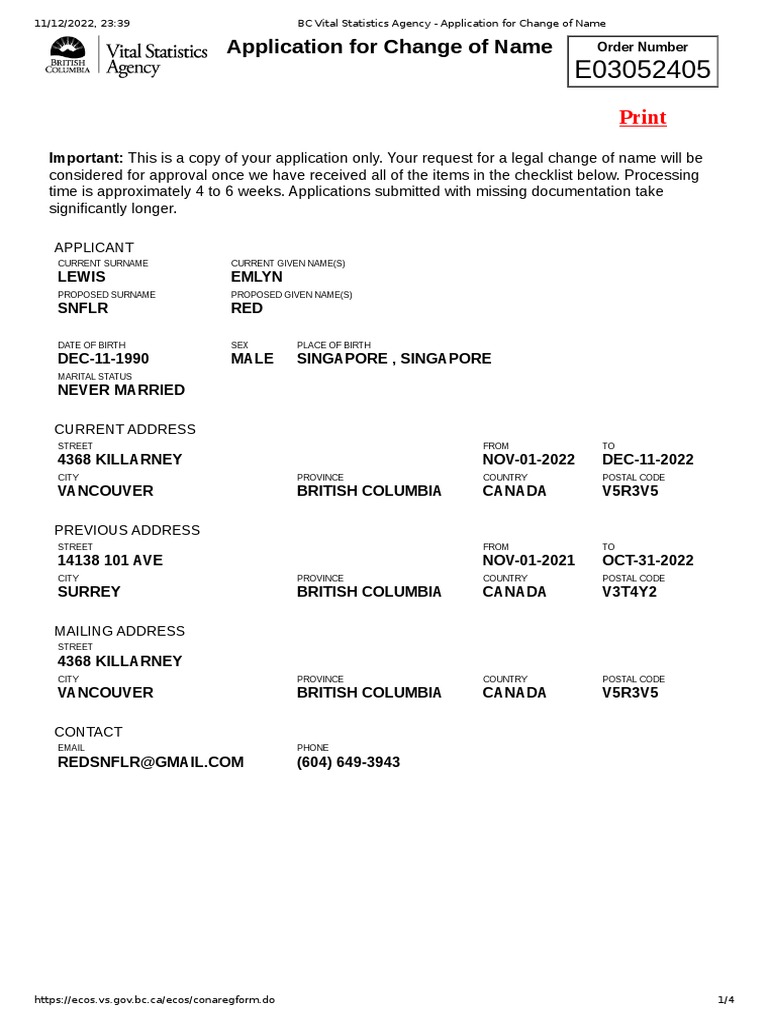 BC Vital Statistics Agency - Application For Change of Name | PDF ...