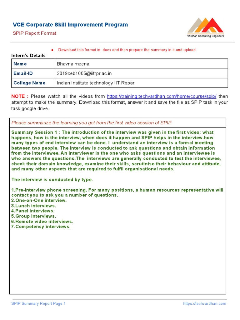 Copy of SPIP Task Format | PDF | Interview | Job Interview