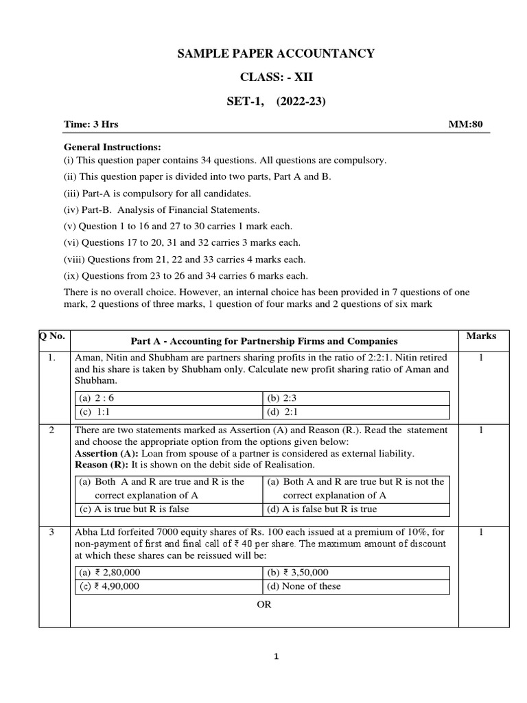 Sample Paper Accountancy 12, Set-1, 2022-23 | PDF | Equity (Finance ...