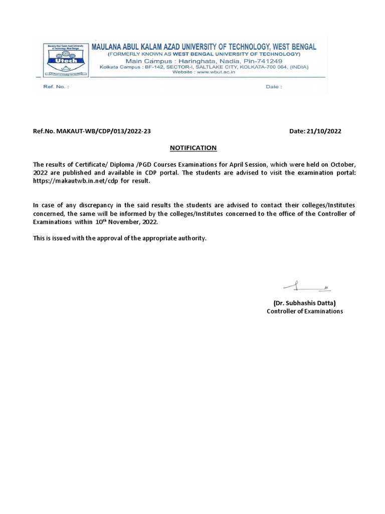 CDP Exam Result Oct 2022 NOTICE CoE | PDF
