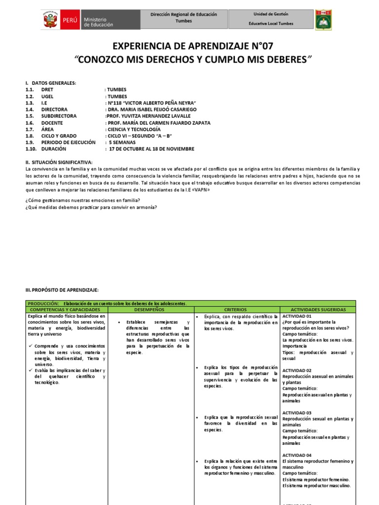 Experiencia de Aprendizaje N 07 | Descargar gratis PDF | Reproducción sexual | Aprendizaje
