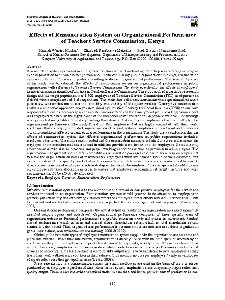 Effects of Remuneration System On Organizational Performance of Teachers Service Commission ...