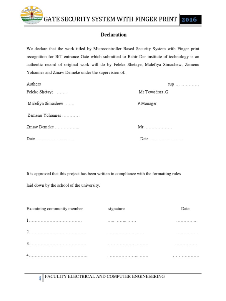 Gate Security System With Finger Print: Declaration | Download Free PDF ...